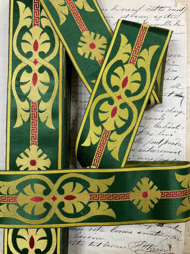 2" Antique SILK French Jacquard Brocade Ribbon Trim Reenactment Greek ...
