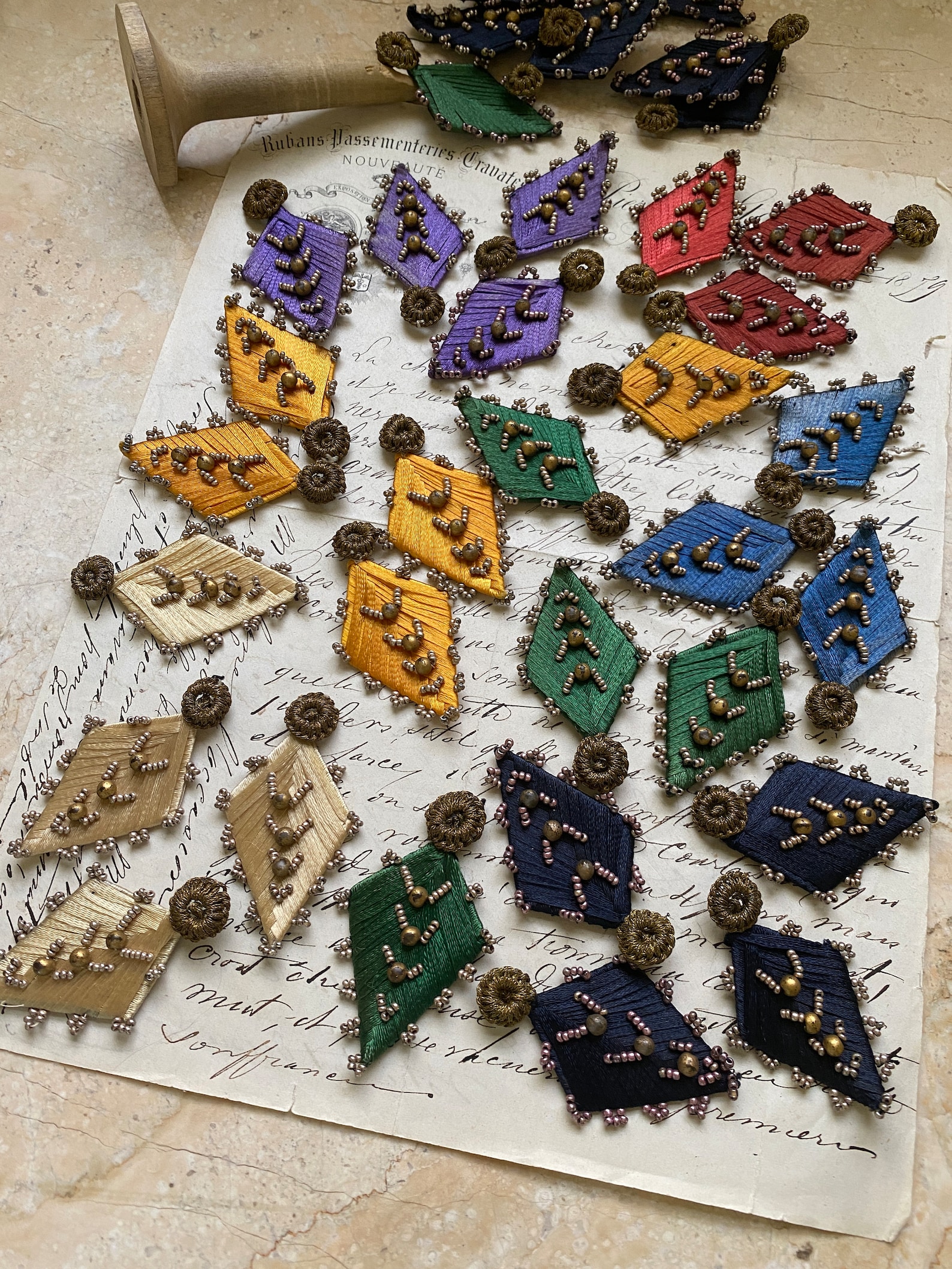 1pc Antique French METAL & Silk Applique Motif Geometric Handmade ...