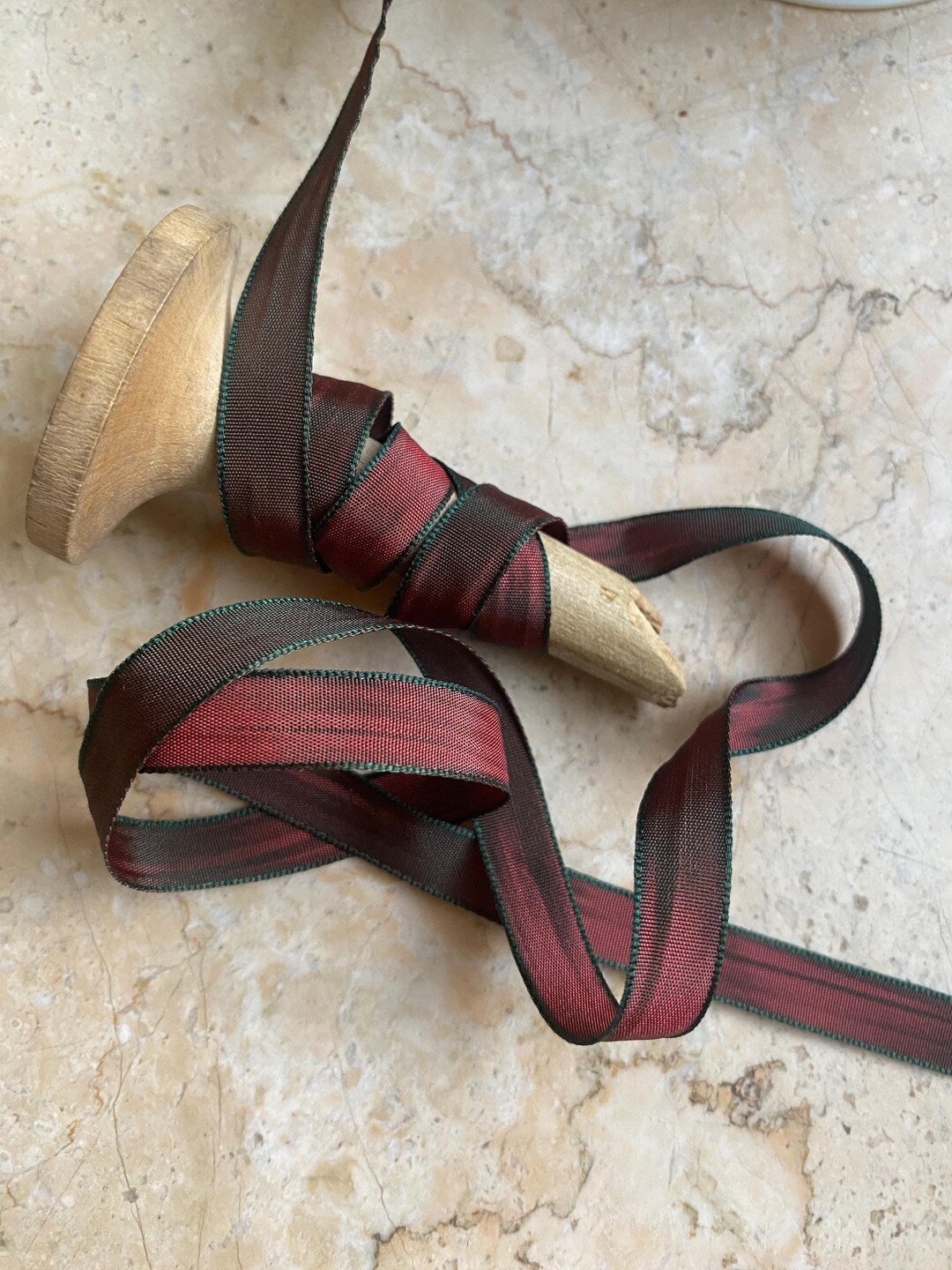 3/8" Vintage French Woven Ribbon Iridescent Green Red Two Tone Ribbon ...