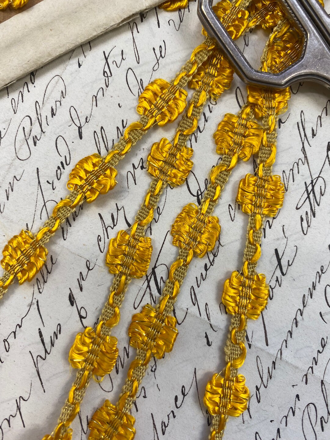 Antique Vintage French Rococo Ribbon Trim Goldenrod Yellow and Metal ...