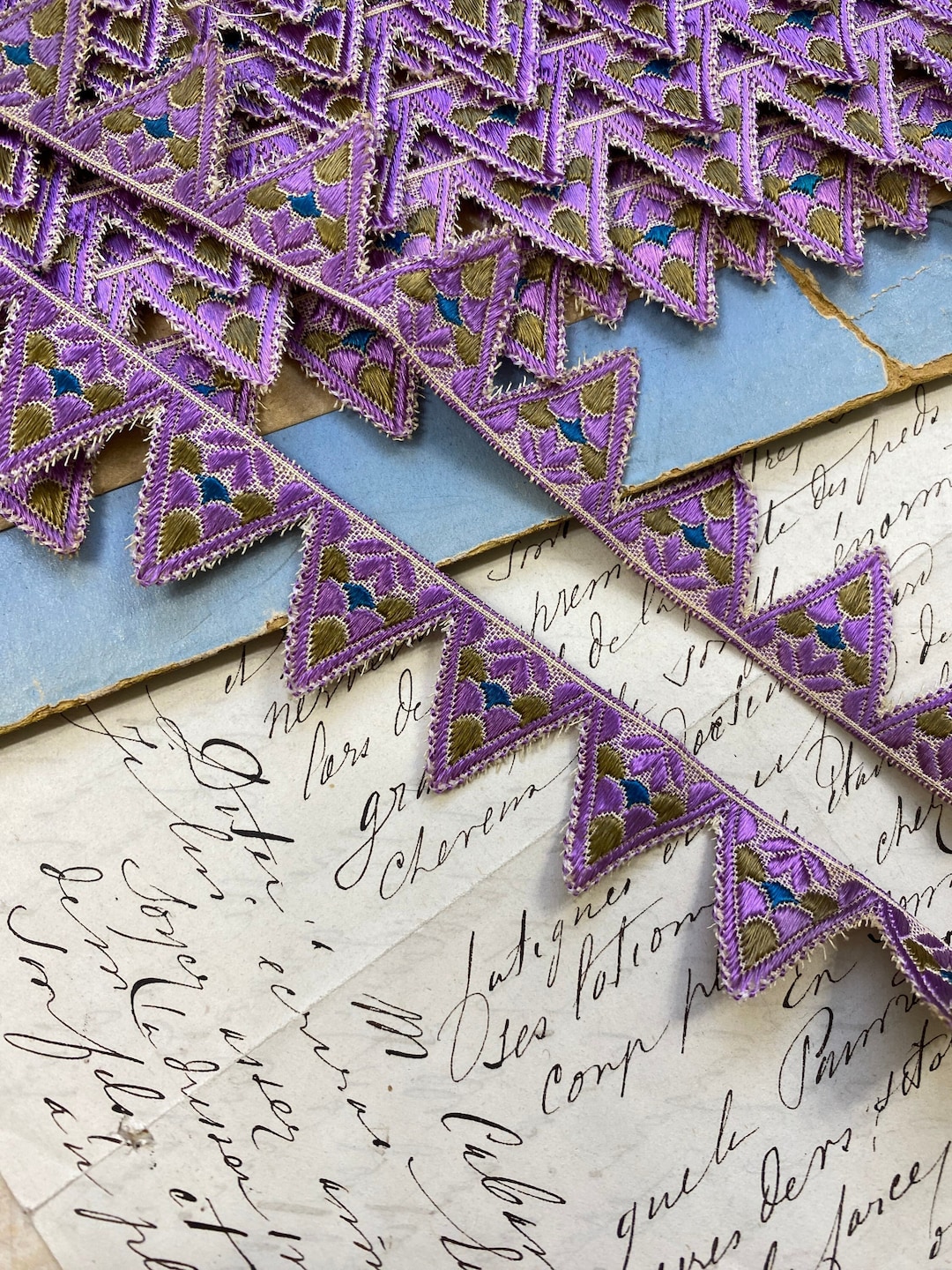 7/8" Antique French Applique Trim Embroidery Boudoir Ribbonwork ...