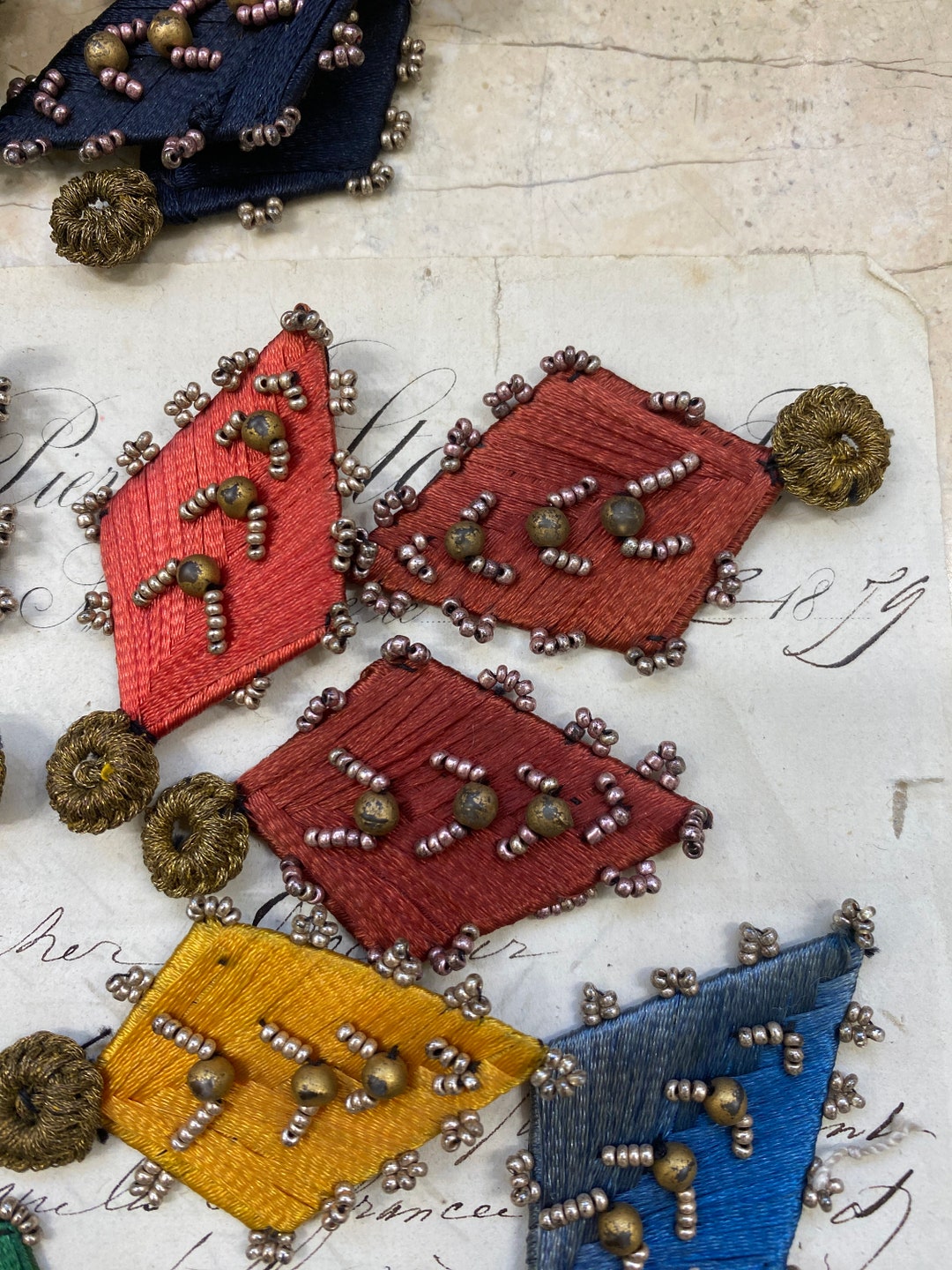 1pc Antique French METAL & Silk Applique Motif Geometric Handmade ...