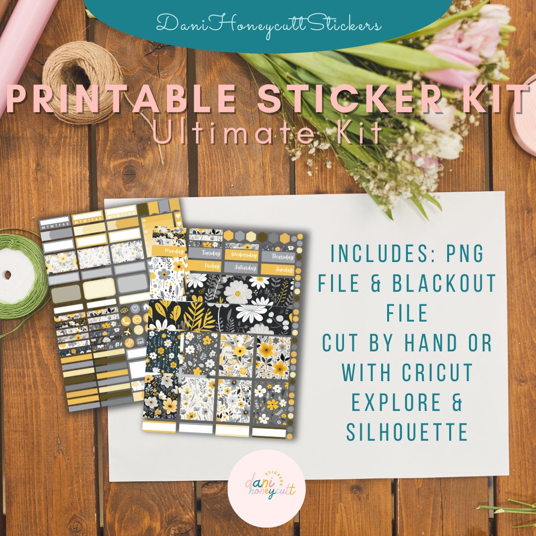 Grey and Yellow Florals PRINTABLE Ultimate Planner Sticker Kit, Cricut ...
