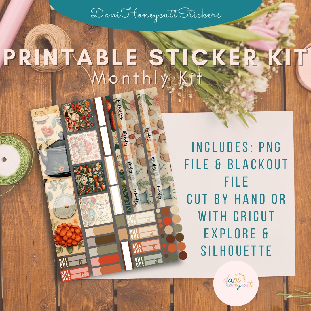 Cottagecore Tea Party PRINTABLE Monthly Planner Sticker Kit, Cricut and ...