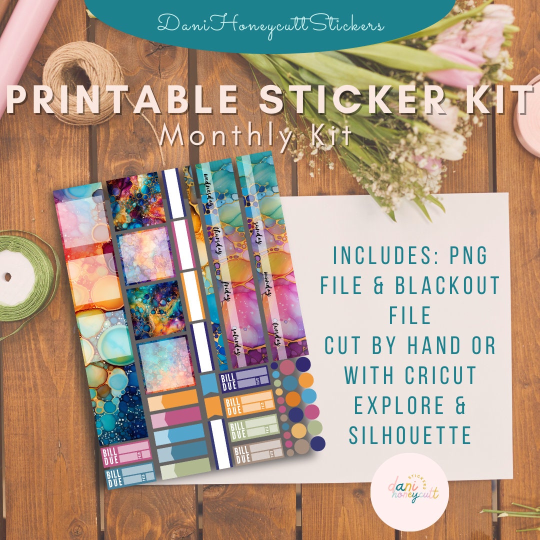 Bright Alcohol Ink PRINTABLE Monthly Planner Sticker Kit, Cricut and ...