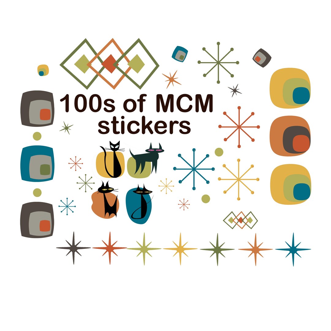 100s of MCM Atomic Digital Stickers Cats, Pinwheels, Stars, Diamonds ...