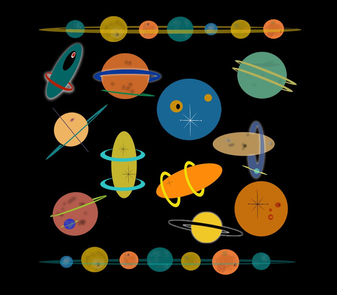 Atomic Stickers With Planets and Spaceships MCM Style - Etsy