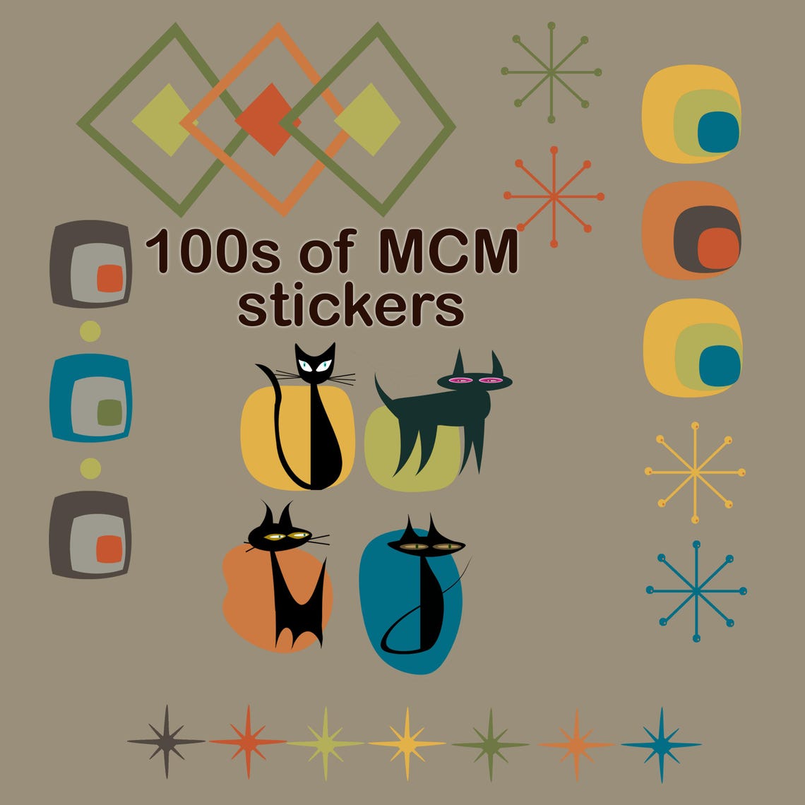 100s of MCM Atomic Digital Stickers and Clipart - Cats, Pinwheels ...