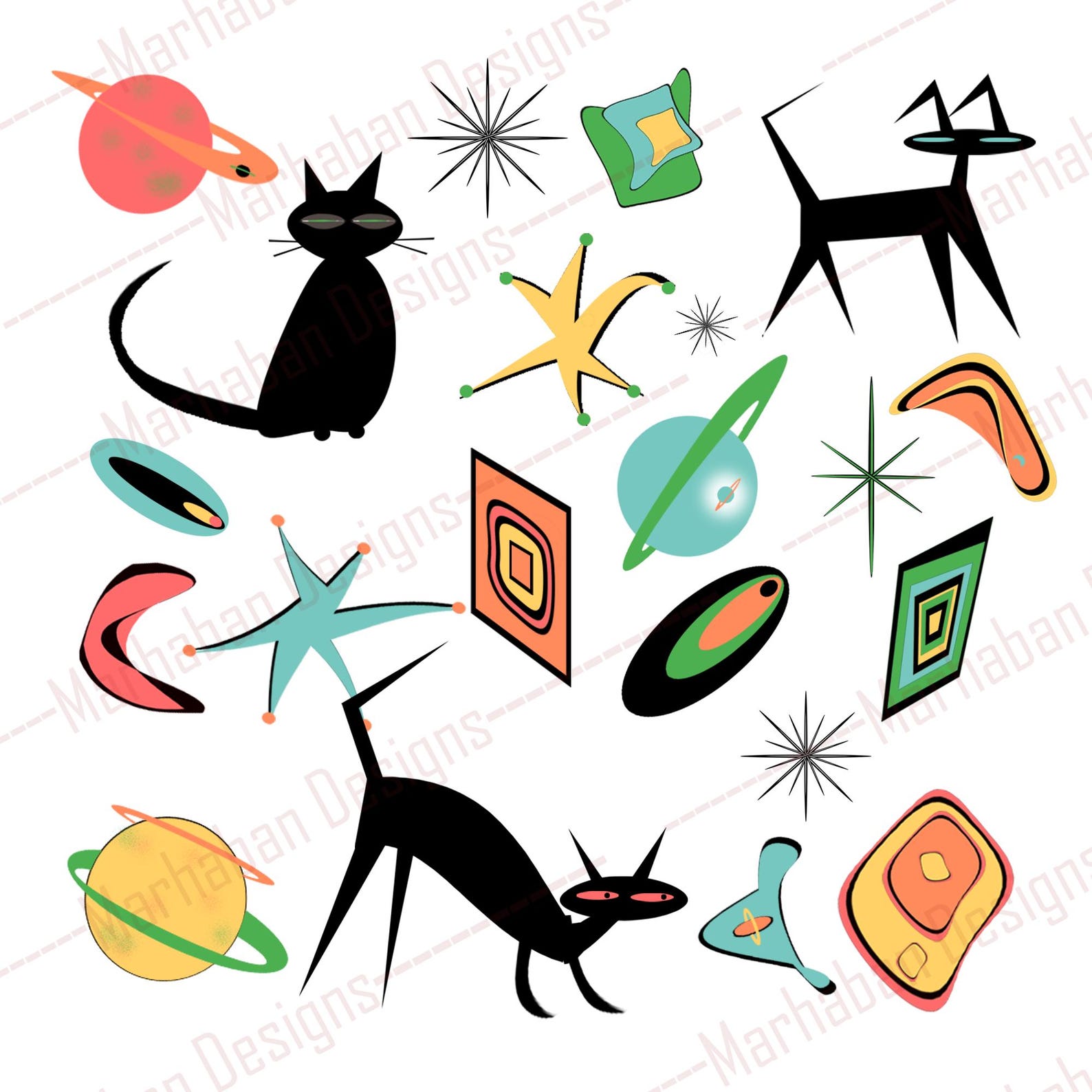 100s of MCM Atomic Digital Stickers and Clipart - Cats, Pinwheels ...