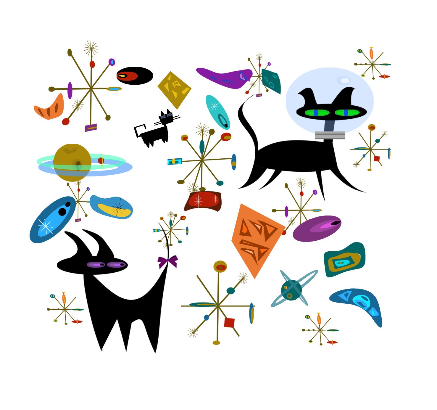 MCM Atomic Cat SVG Clipart With Boomerangs, Pinwheels, Stars, and More ...
