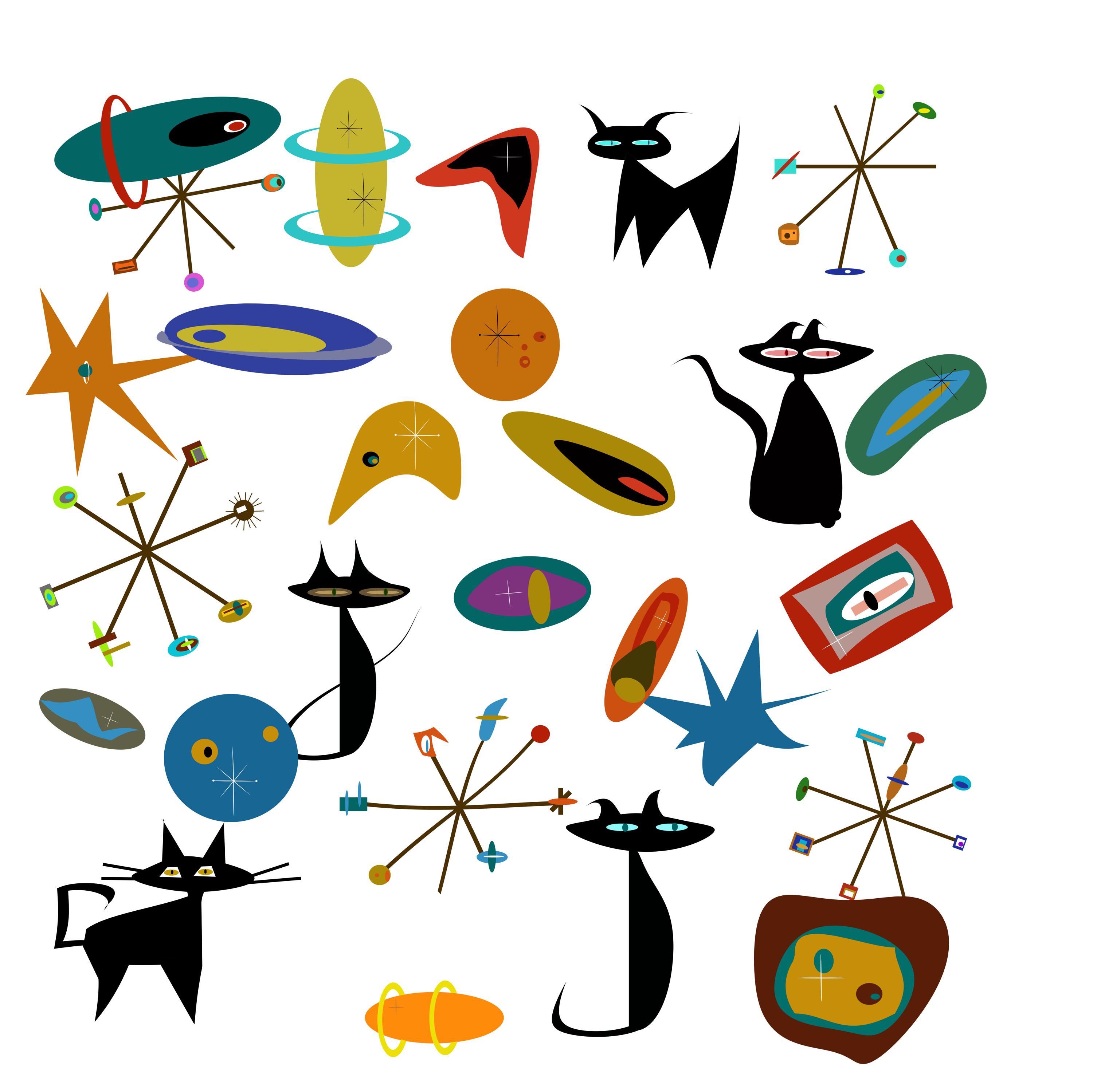 MCM Atomic Cat Clipart With Boomerangs, Pinwheels, Stars, and More - Etsy