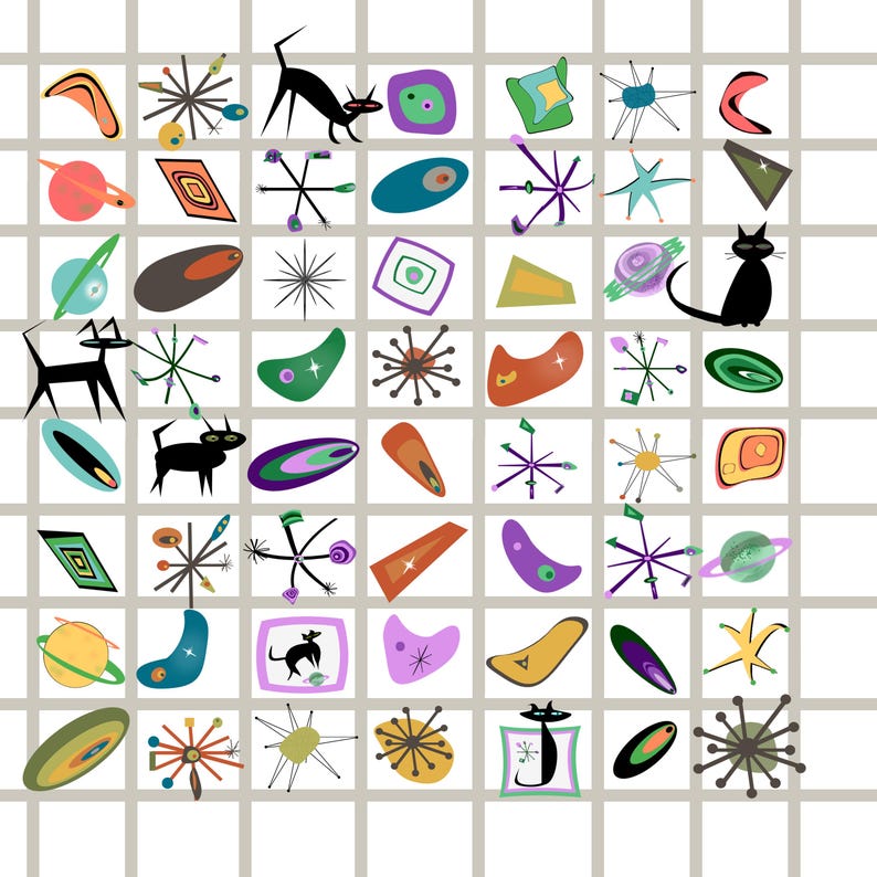 New Designs! 100s of MCM Atomic Stickers Clipart- Use Them for DIY ...