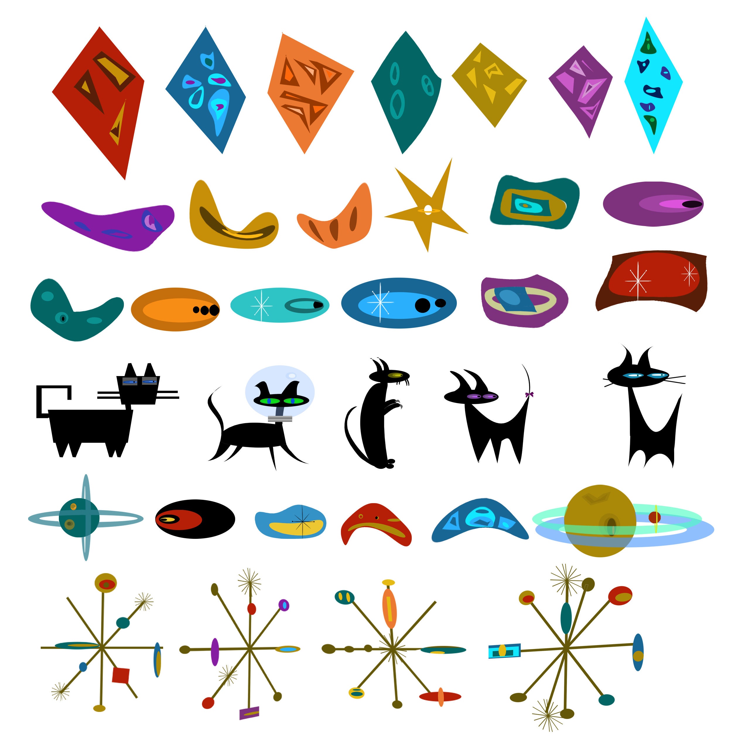 MCM Atomic Cat SVG Clipart With Boomerangs, Pinwheels, Stars, and More ...