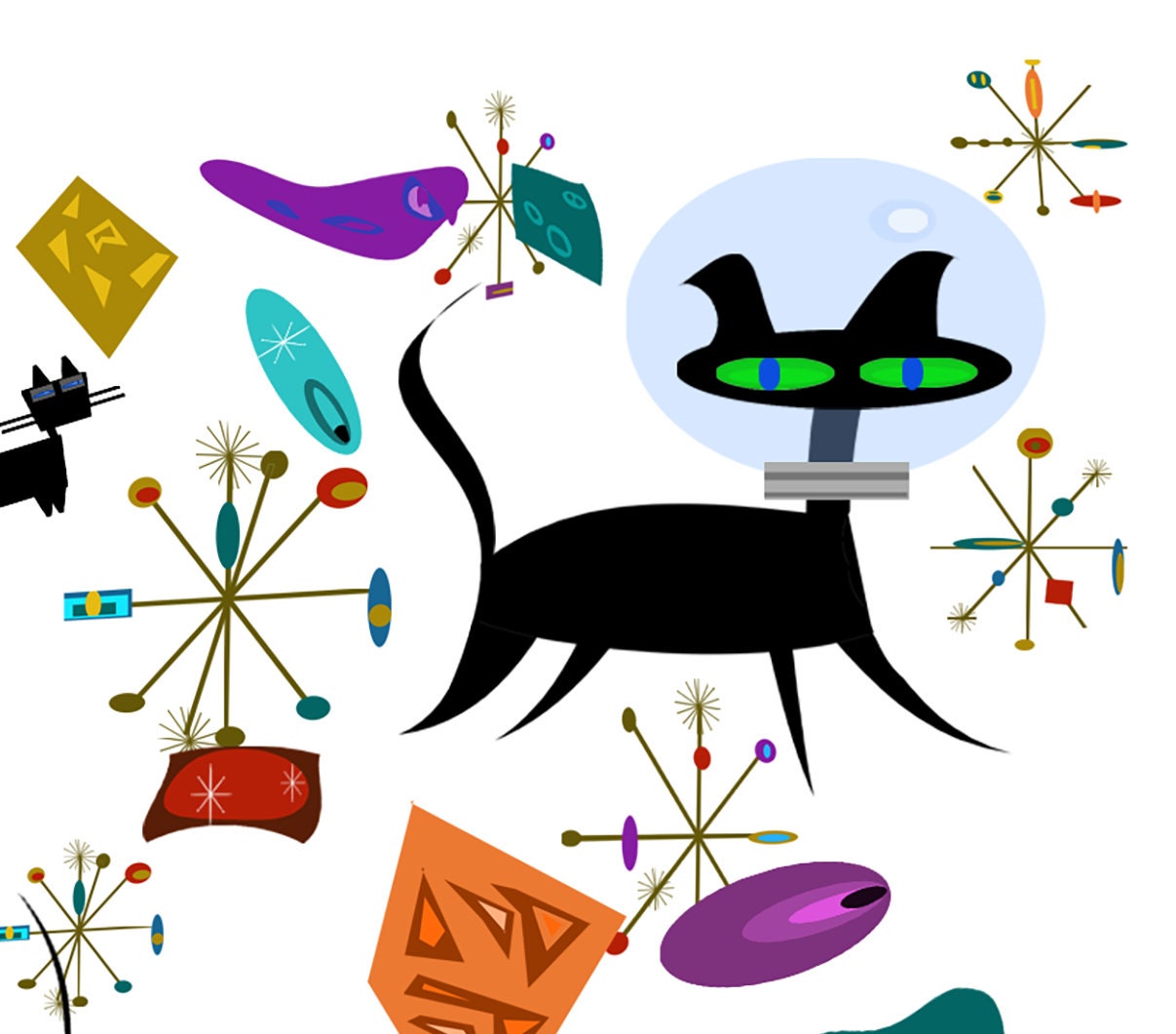 MCM Atomic Cat SVG Clipart With Boomerangs, Pinwheels, Stars, and More ...