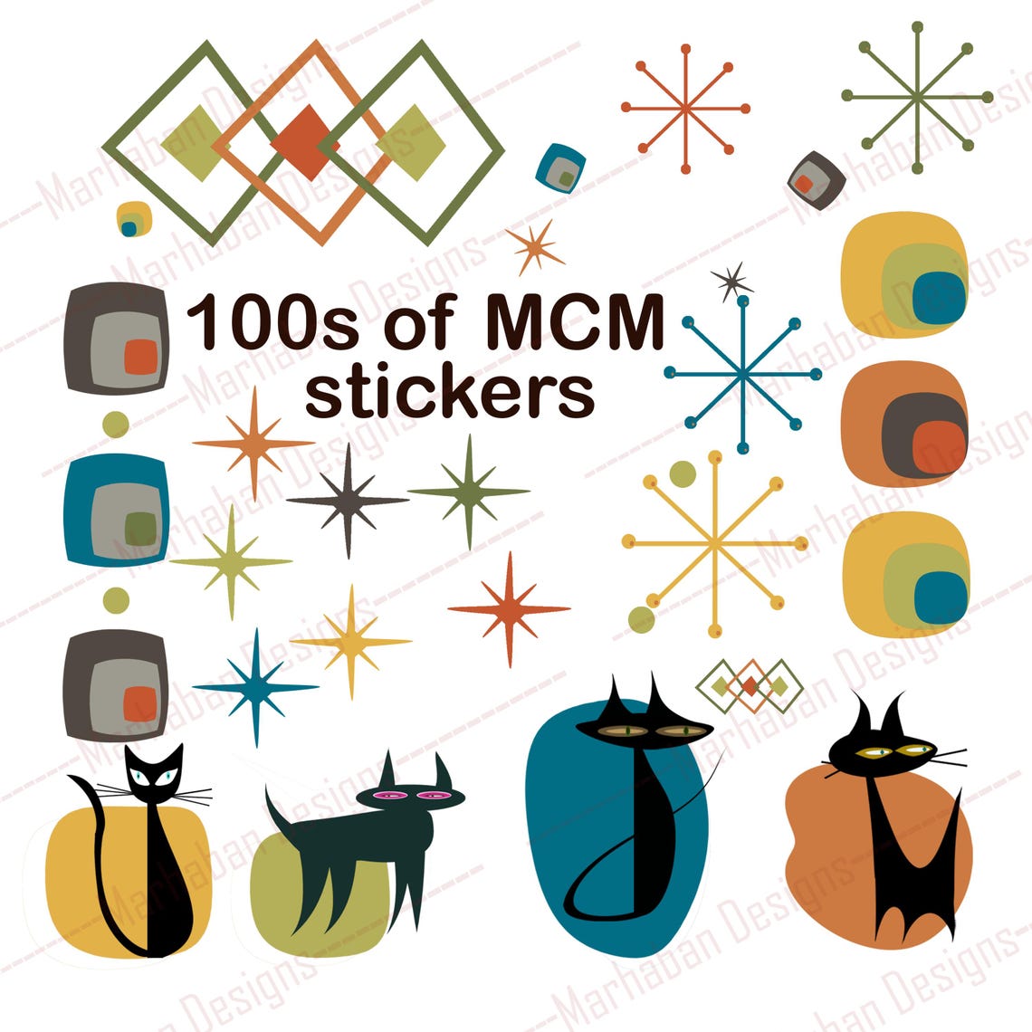 100s of MCM Atomic Digital Stickers and Clipart - Cats, Pinwheels ...