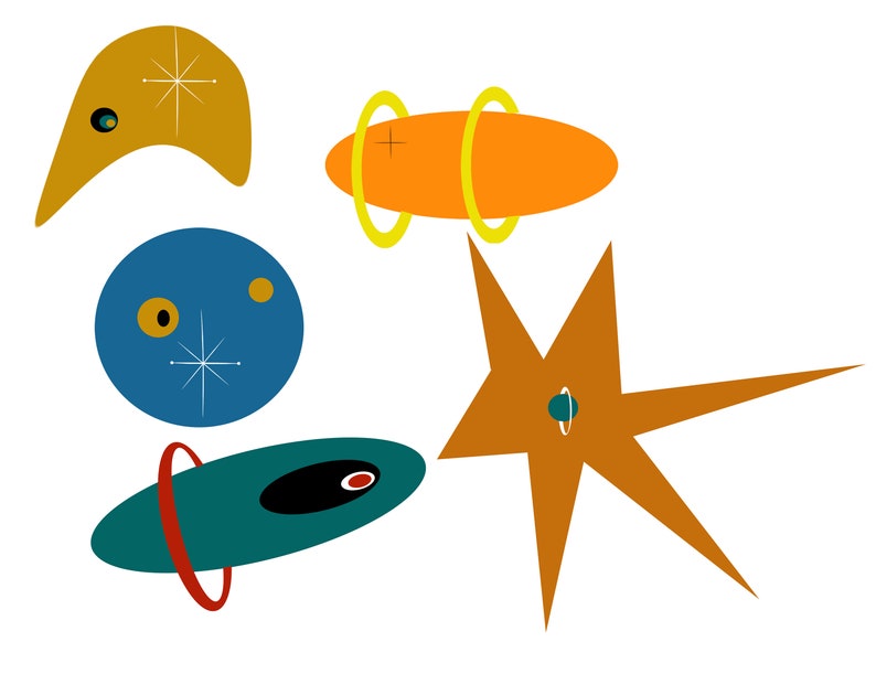 MCM Atomic Digital Elements and Stickers Retro Vintage Cats, Boomerangs ...