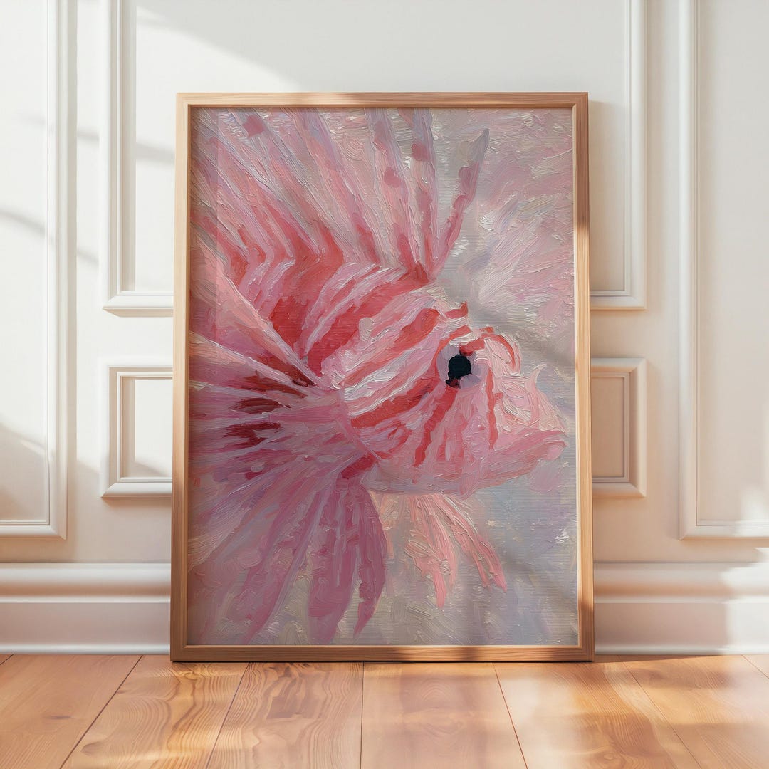 Lionfish Wall Art Print, Coastal Oil Painting Close Up, Pink Tones ...
