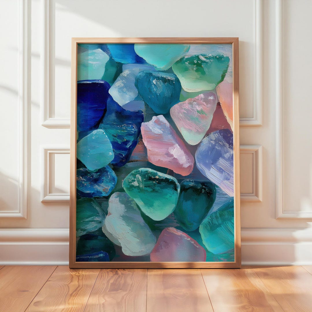 Sea Glass Wall Art, Coastal Oil Painting, Beach Glass Decor, Digital ...