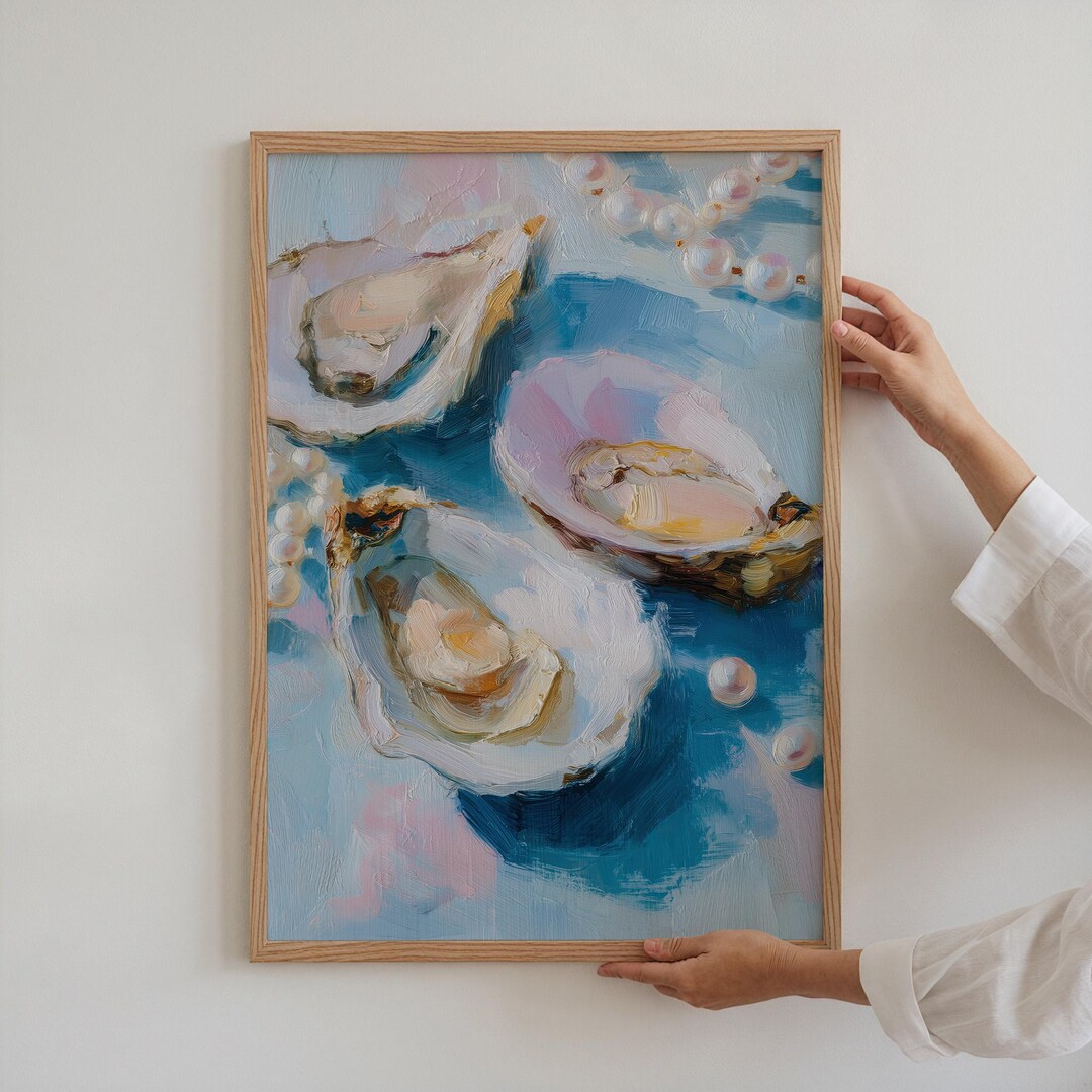 Oyster Shell Wall Art With Pearls, Coastal Oil Painting, Beach Decor ...