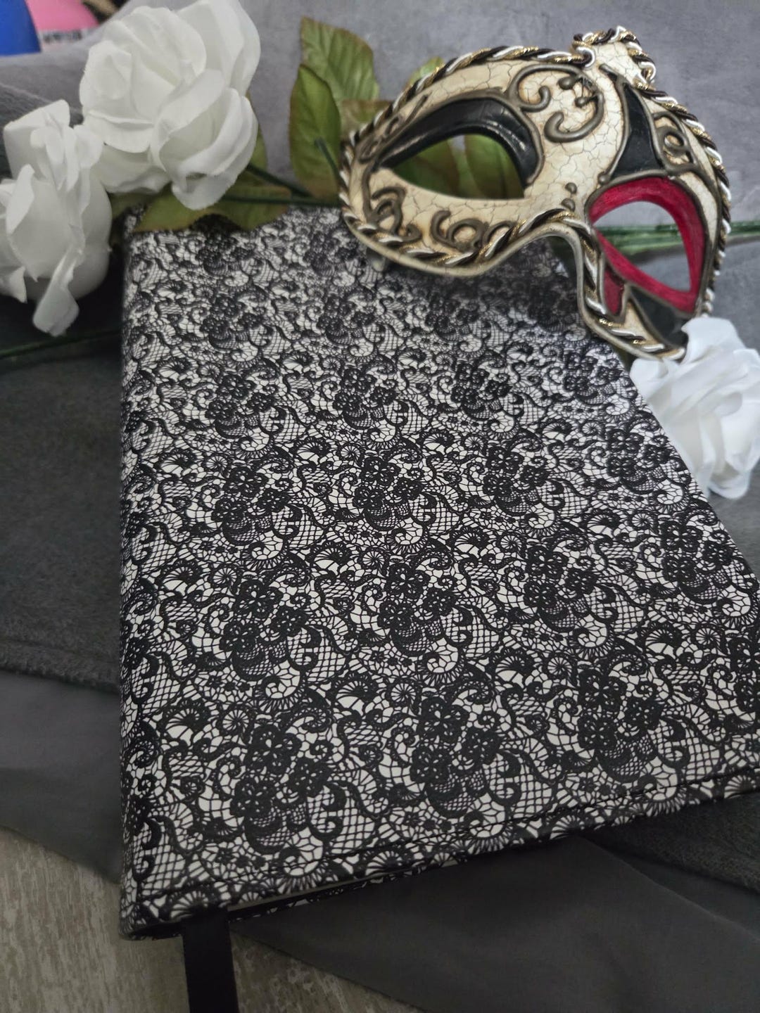 White Lace Faux Leather Book Cover- Adjustable Book Sleeve - Discreet ...