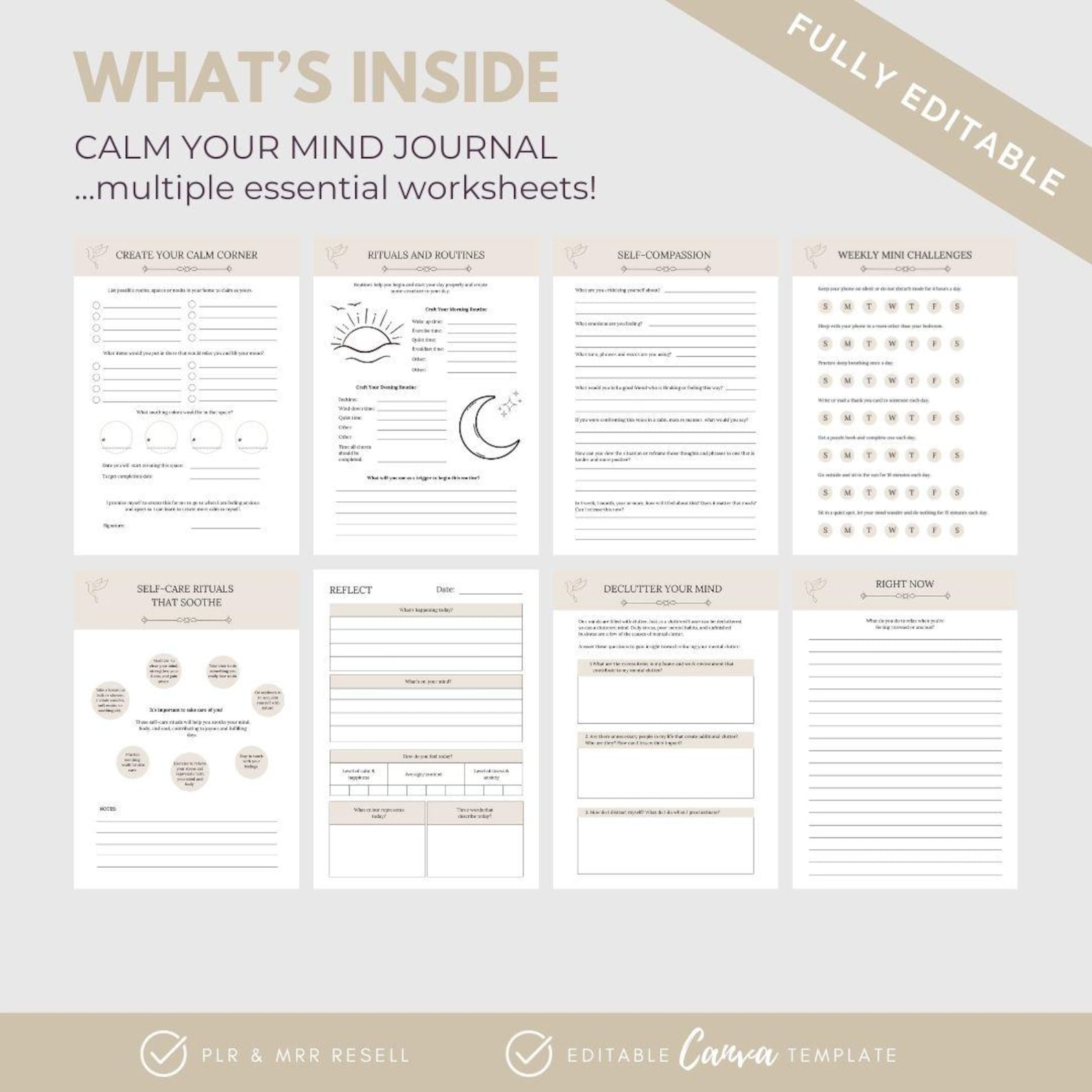 Calm Your Mind Journal MRR PLR Digital Planner, Anxiety Planner, Canva ...