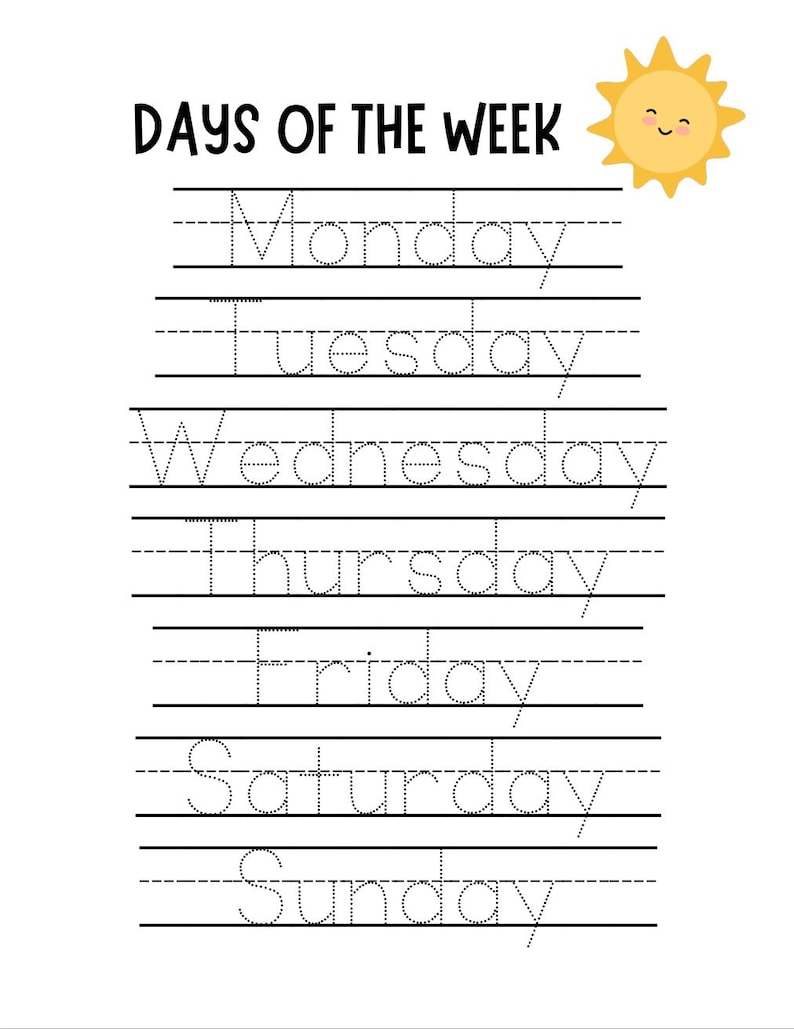 Days of the Week Tracing Worksheet - Etsy