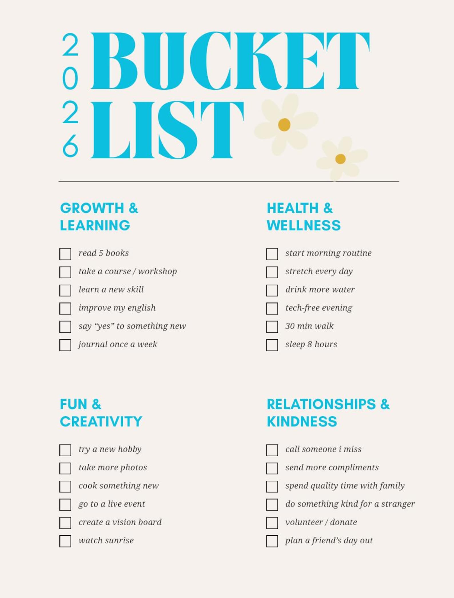 2026 Printable Bucket List - Etsy