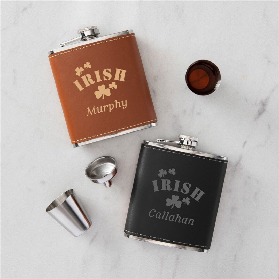 Engraved Irish Shamrocks Flask Set, Flask Personalized With Name, Saint ...