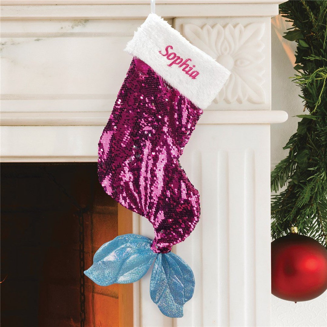 Pink Sequin Personalized Mermaid Christmas Stocking, Embroidered ...