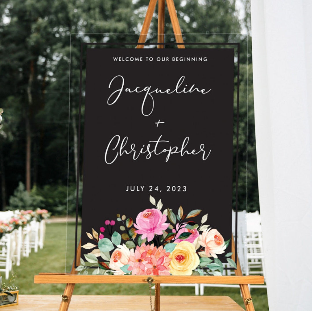 Acrylic Wedding Personalized Welcome Sign, Black With Flowers Chromatic ...