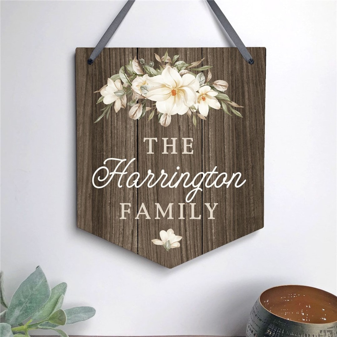 Personalized Magnolia & Wood Texture Banner Shaped Sign, Family Sign ...
