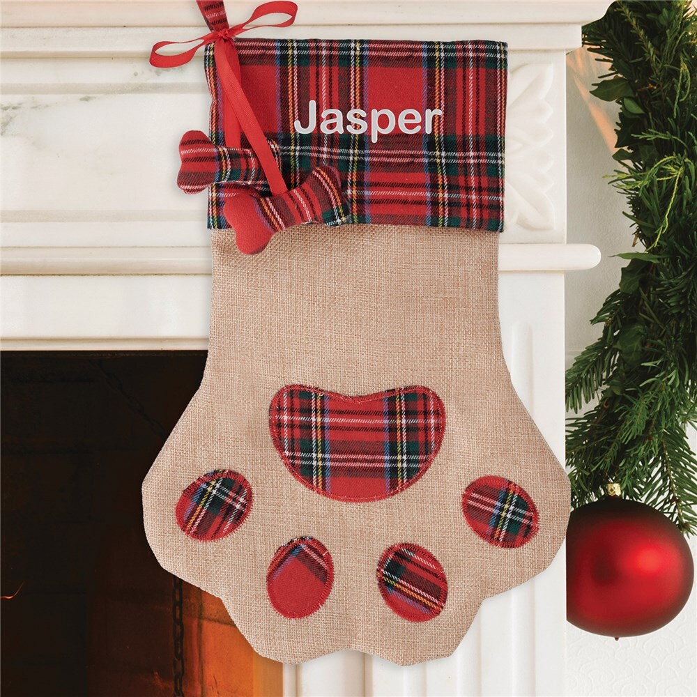 Embroidered Plaid Paw Stocking, Personalized Dog Christmas Stocking ...