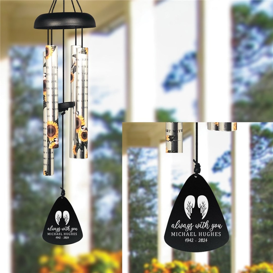 Engraved Angel Wings Sunflower Wind Chime, Personalized Wind Chimes ...