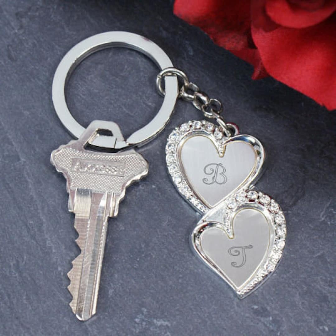 Engraved Double Heart Key Chain, Couples Key Chain, Key Chains ...