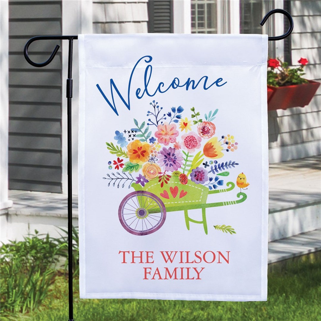 Personalized Wheelbarrow Filled With Flowers Garden Flag, Spring Garden ...