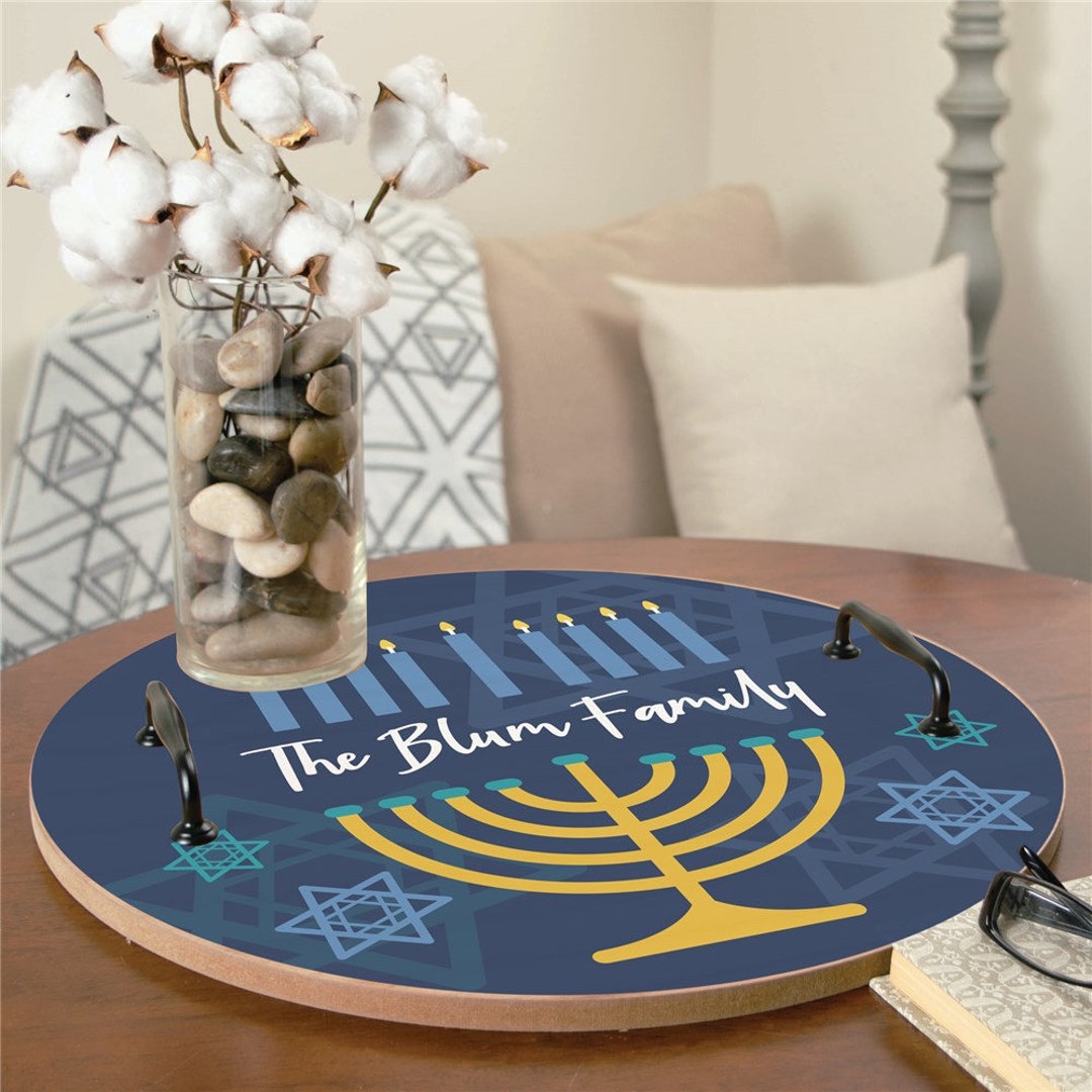 Personalized Menorah Round Tray, Custom Tray With Handles, Coffee Table ...