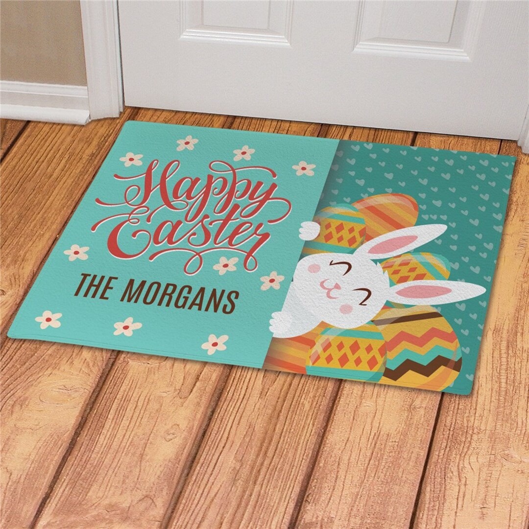 Personalized Happy Easter With Bunny Doormat, Easter Home Decor, Easter ...