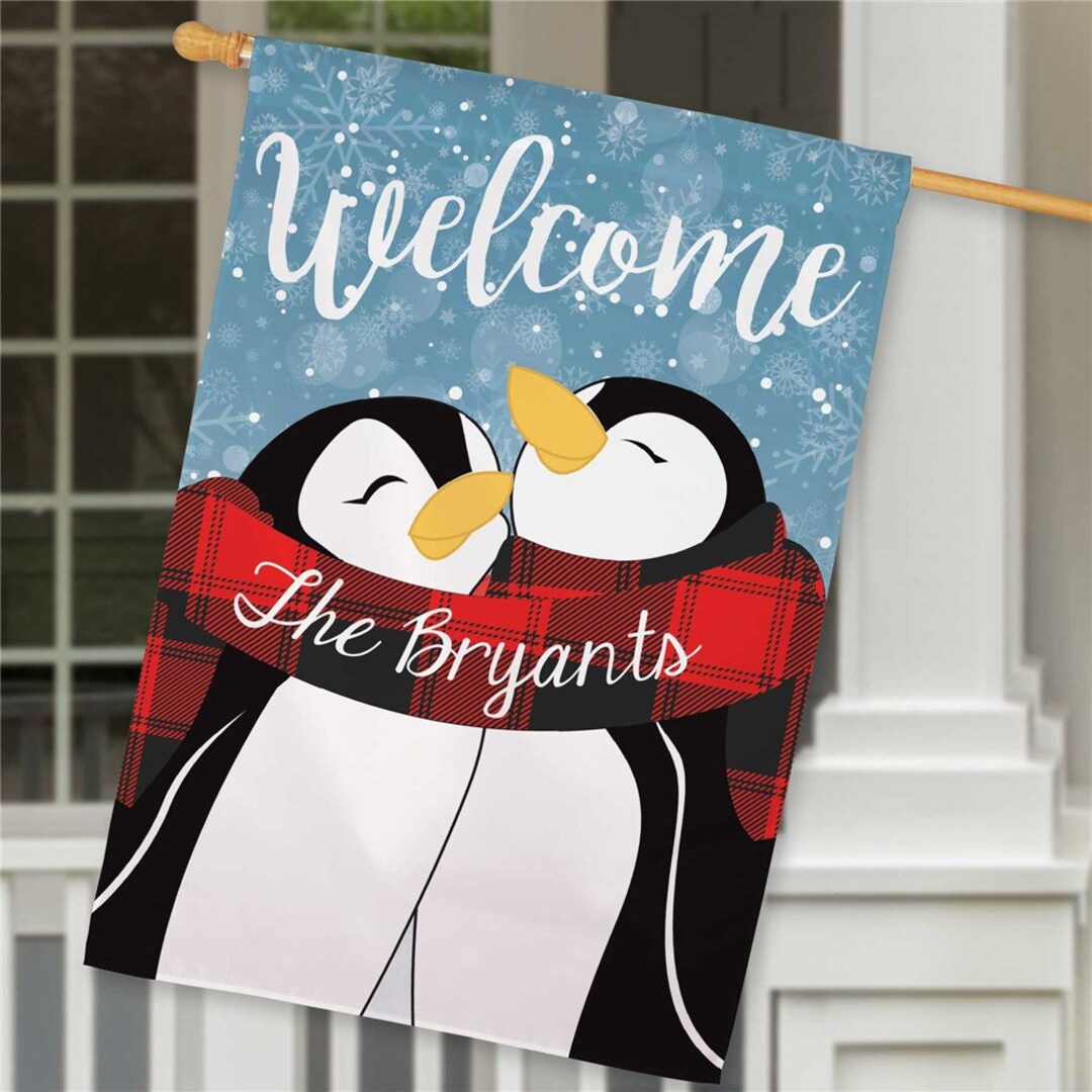 Personalized Welcome Hugging Penguin Couple House Flag, Penguin Home ...