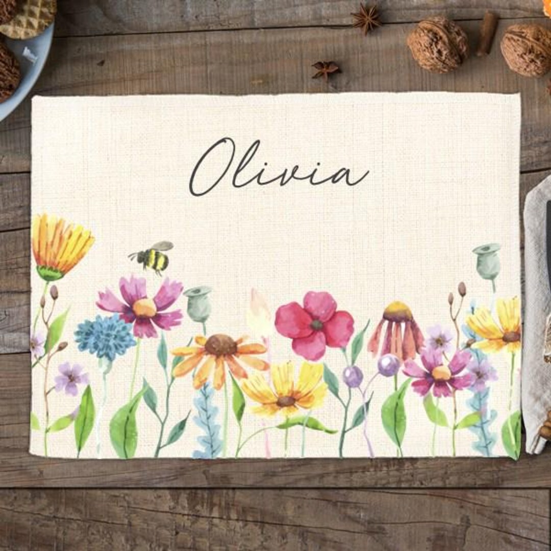 Personalized Floral Linen Placemat, Kitchen Table Mats, Kids Washable ...