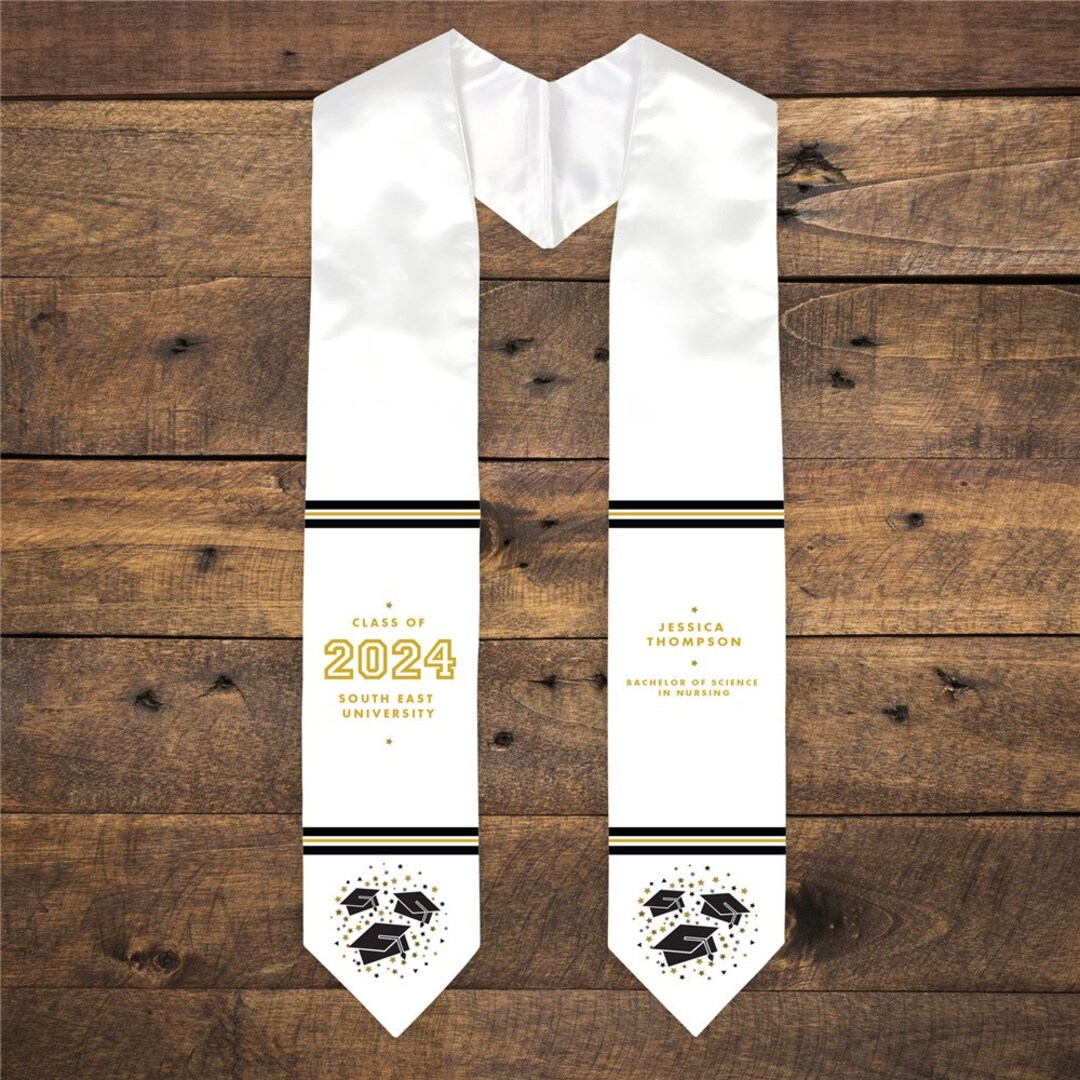 Personalized Flying Grad Caps Graduation Stole, Personalized White ...