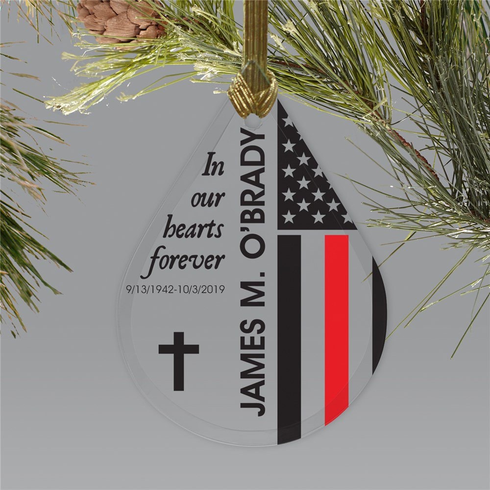Fire Department Flag Memorial Tear Drop Personalized Glass Ornament ...