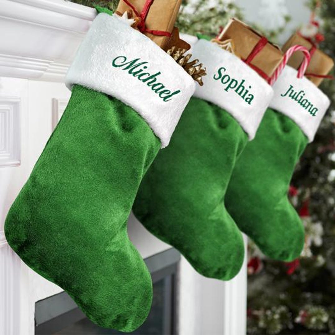 Embroidered Stocking, Green Plush Christmas Stocking, Christmas ...