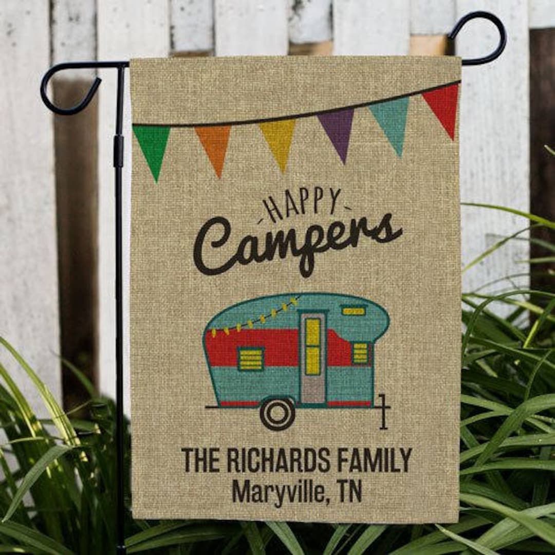 Happy Camper Personalized Burlap Garden Flag, Camping, Garden Decor ...