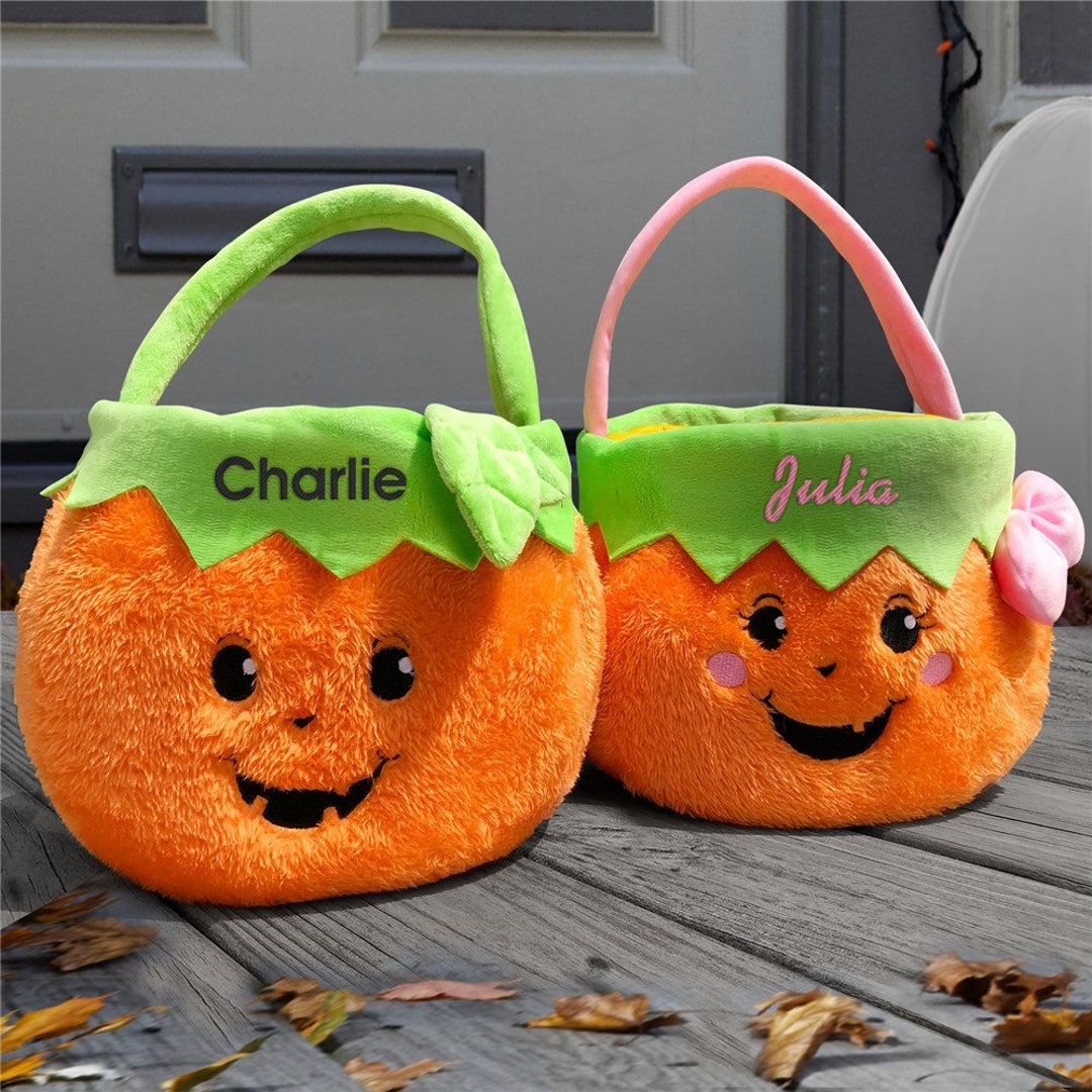 Trick or Treat Bag, Personalized Fuzzy Pumpkin Halloween Bucket, Trick ...