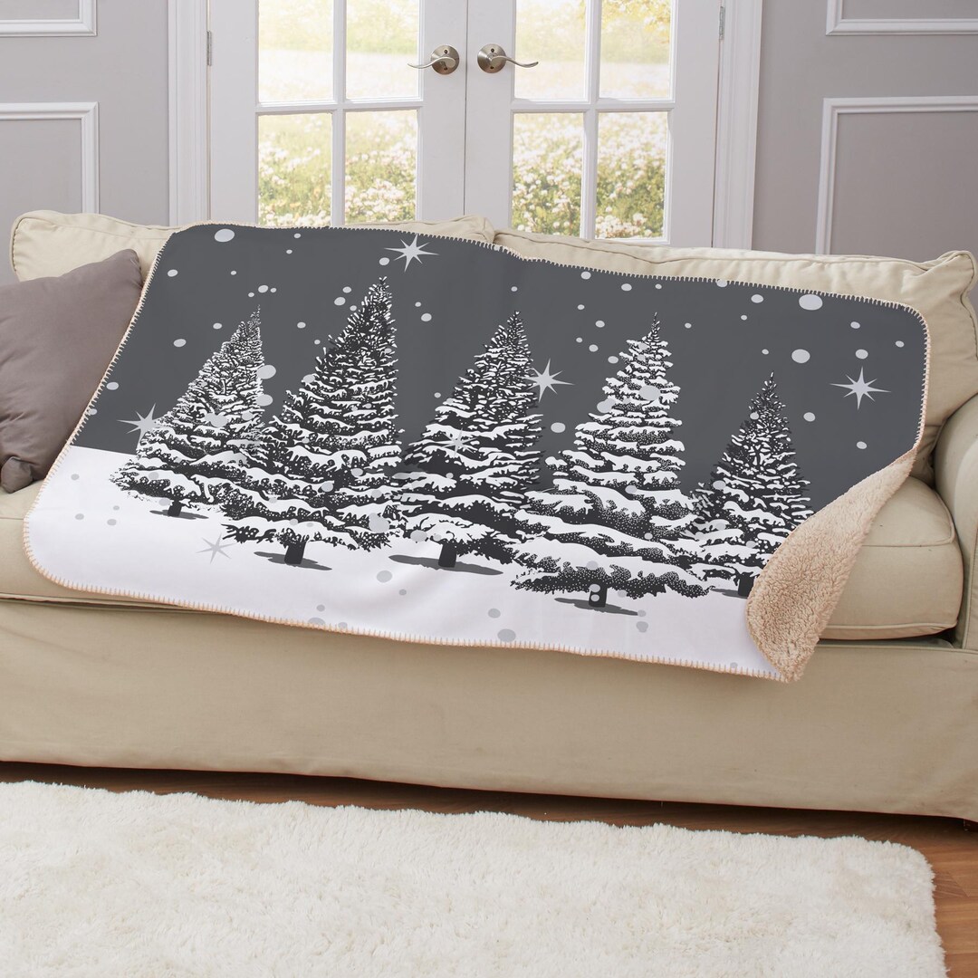 Winter Trees Sherpa Blanket, Cozy Holiday Throw, Black and White ...