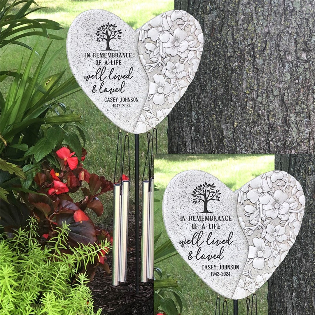 Memorial Wind Chimes, Engraved Heart Stake Chime, Memorial Garden, Wind ...