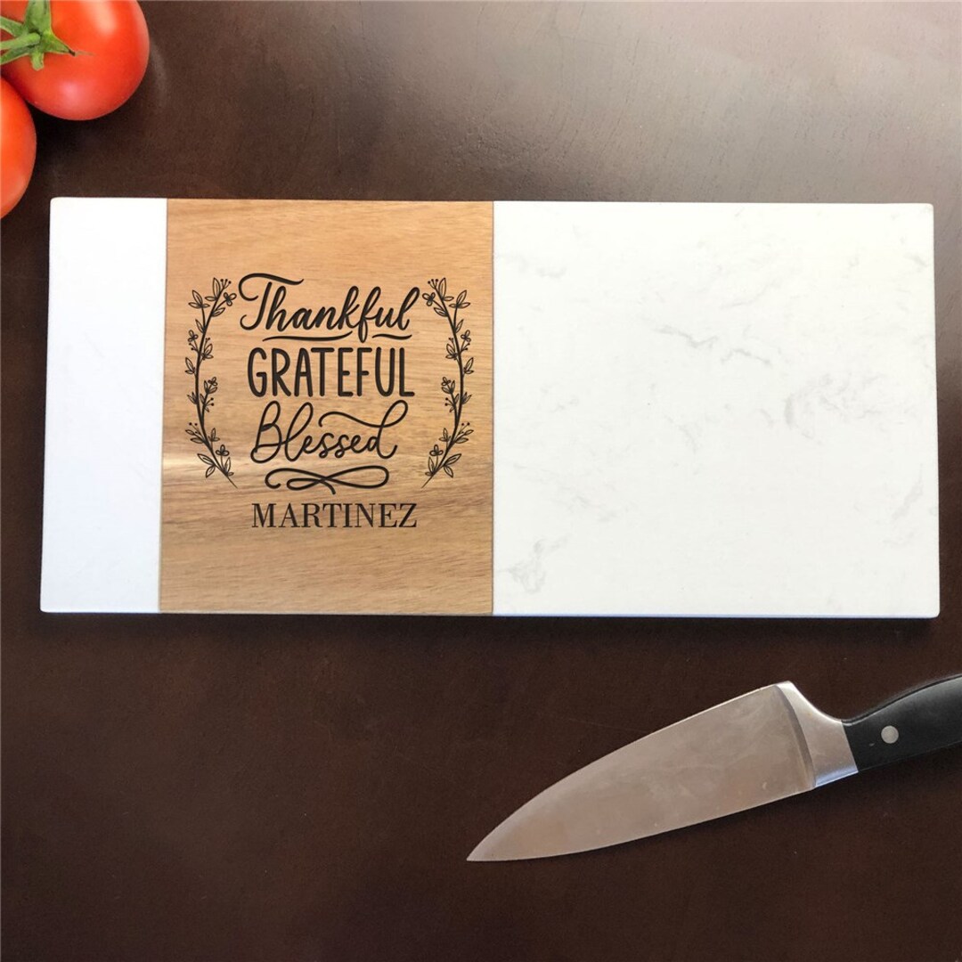 Engraved Thankful Grateful Blessed Marble and Acacia Wood Serving Board ...
