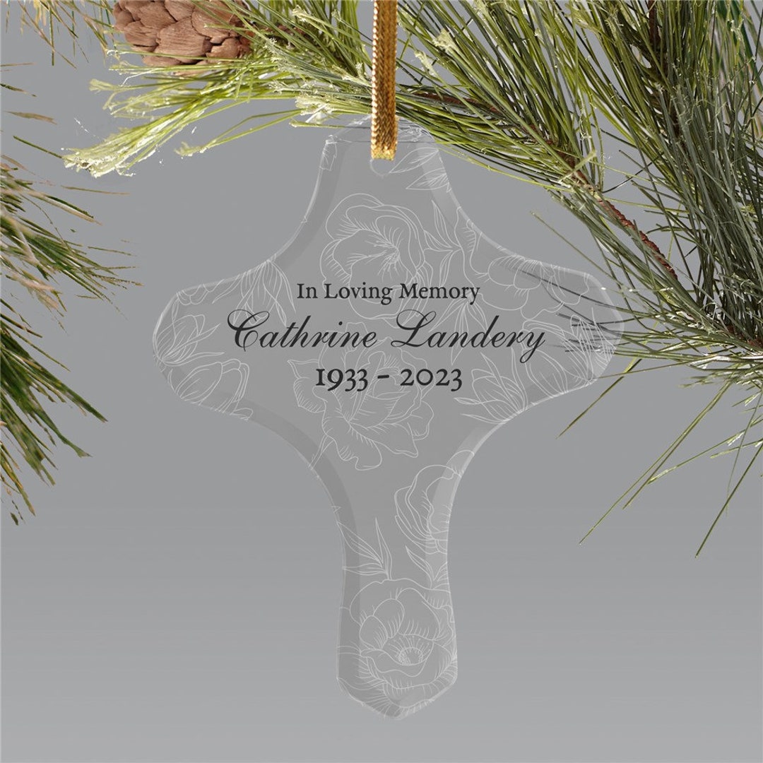 Personalized Simple Floral Memorial Glass Cross Ornament, Memorial Gift ...