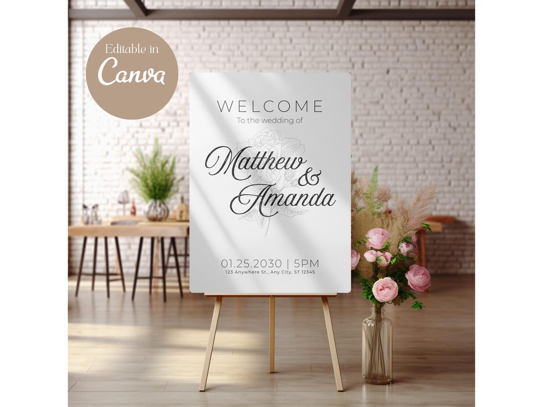 Simple Wedding Welcome Sign Template, Editable Canva Sign With Rose ...