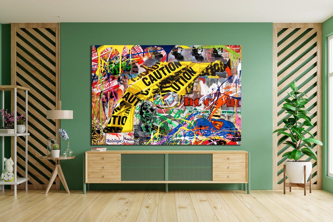 Caution Tape Graffiti Art Printed on Textured Canvas Urban Wall Art - Etsy